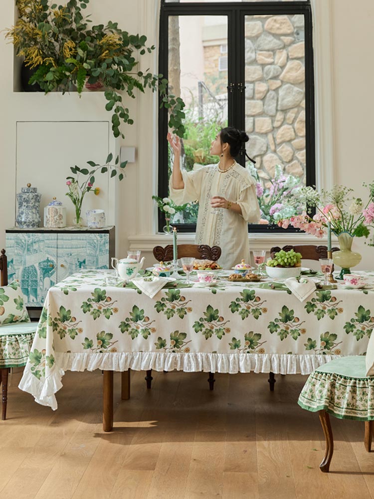 Rectangular Linen Green Designer Spring Fig Wipe Clean Tablecloth ...
