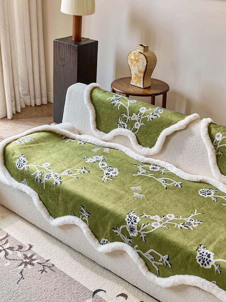 Thick Fluffy Edge Green Wooden Sofa Designer Sofa Cover – NabisFabric