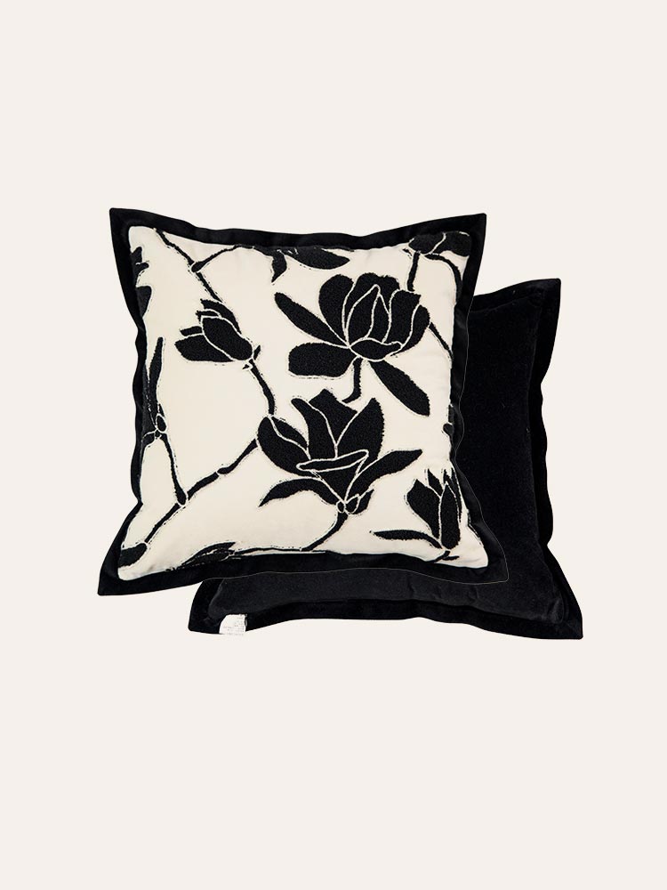 Black and White Velvet Spring Magnolia Embroidery Pillow Cover ...