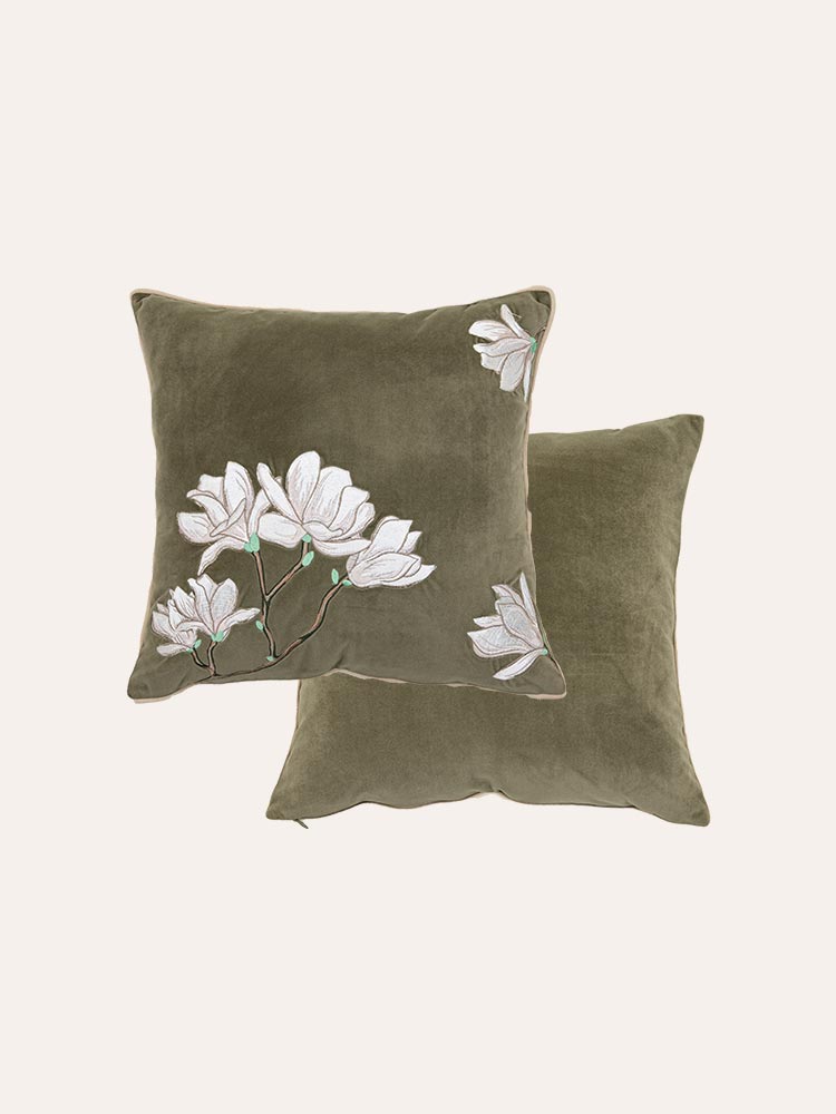 Green Velvet Retro Magnolia Embroidery Throw Pillow Cover – NabisFabric