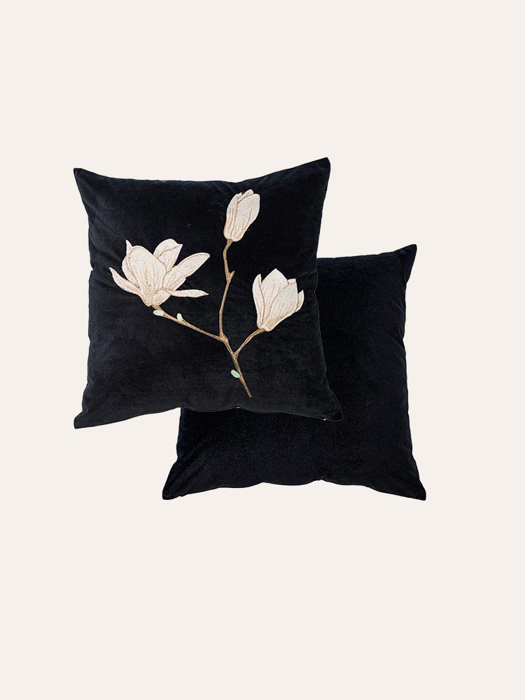 Black Velvet Luxury Magnolia Embroidered Throw Pillow Cover – NabisFabric