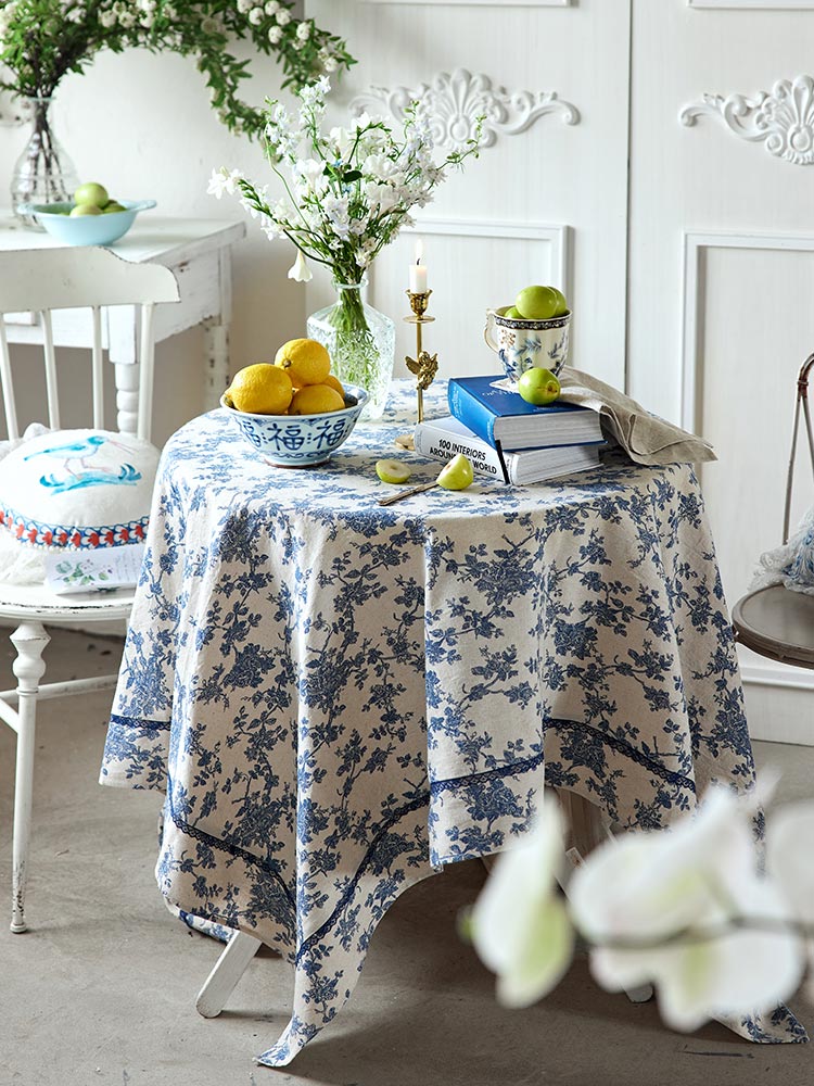 Rectangular Blue French Floral Washable Wedding Tablecloth – NabisFabric