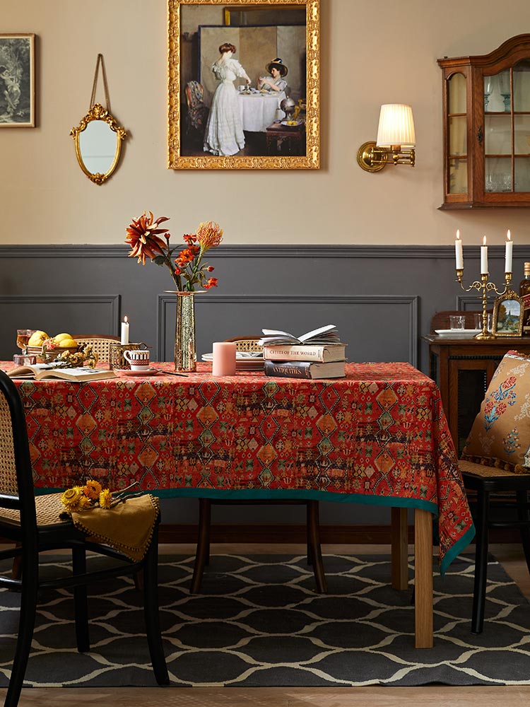 Rectangular Linen Orange Red Boho Waterproof Event Tablecloth – NabisFabric